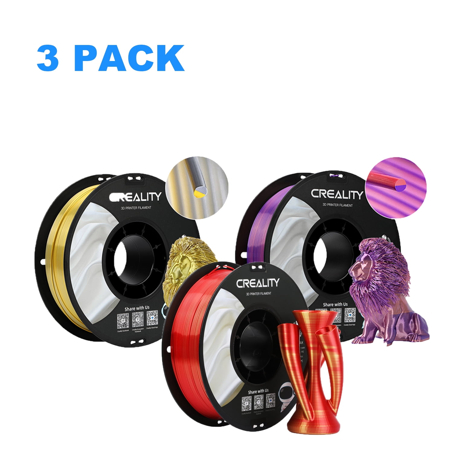 Creality Official 3D Printer Filament 3 Packs 1.75mm Silk PLA Filament ...