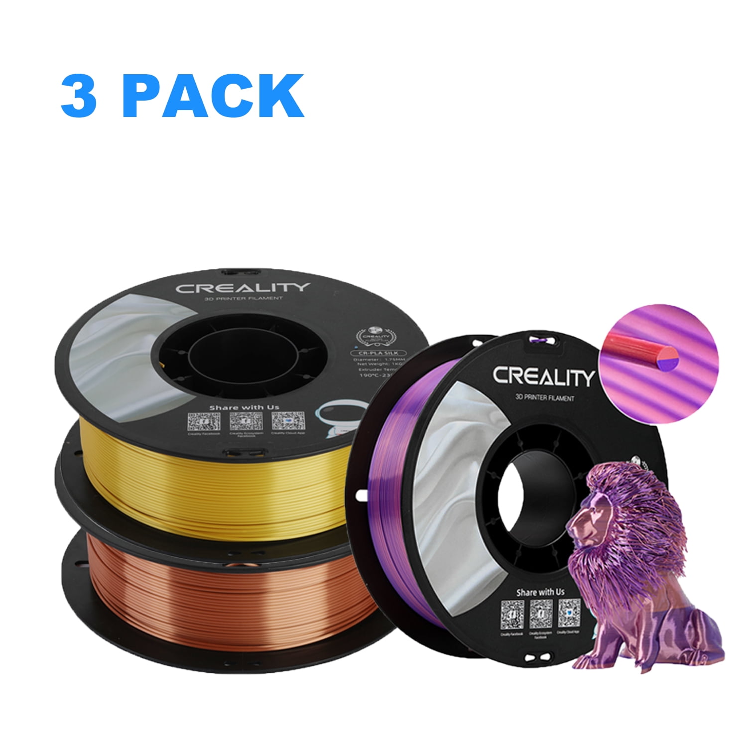 Creality Official 3D Printer Filament 3 Packs 1.75mm Silk PLA Filament ...