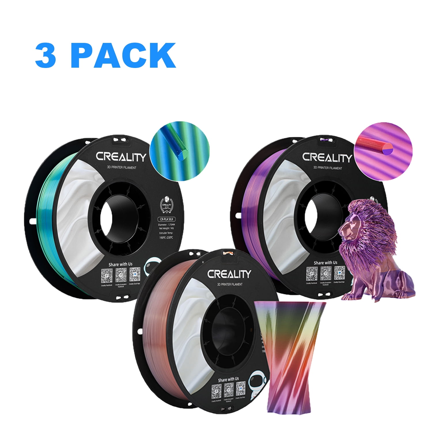 Creality Official 3D Printer Filament 3 Packs 1.75mm Silk PLA Filament ...