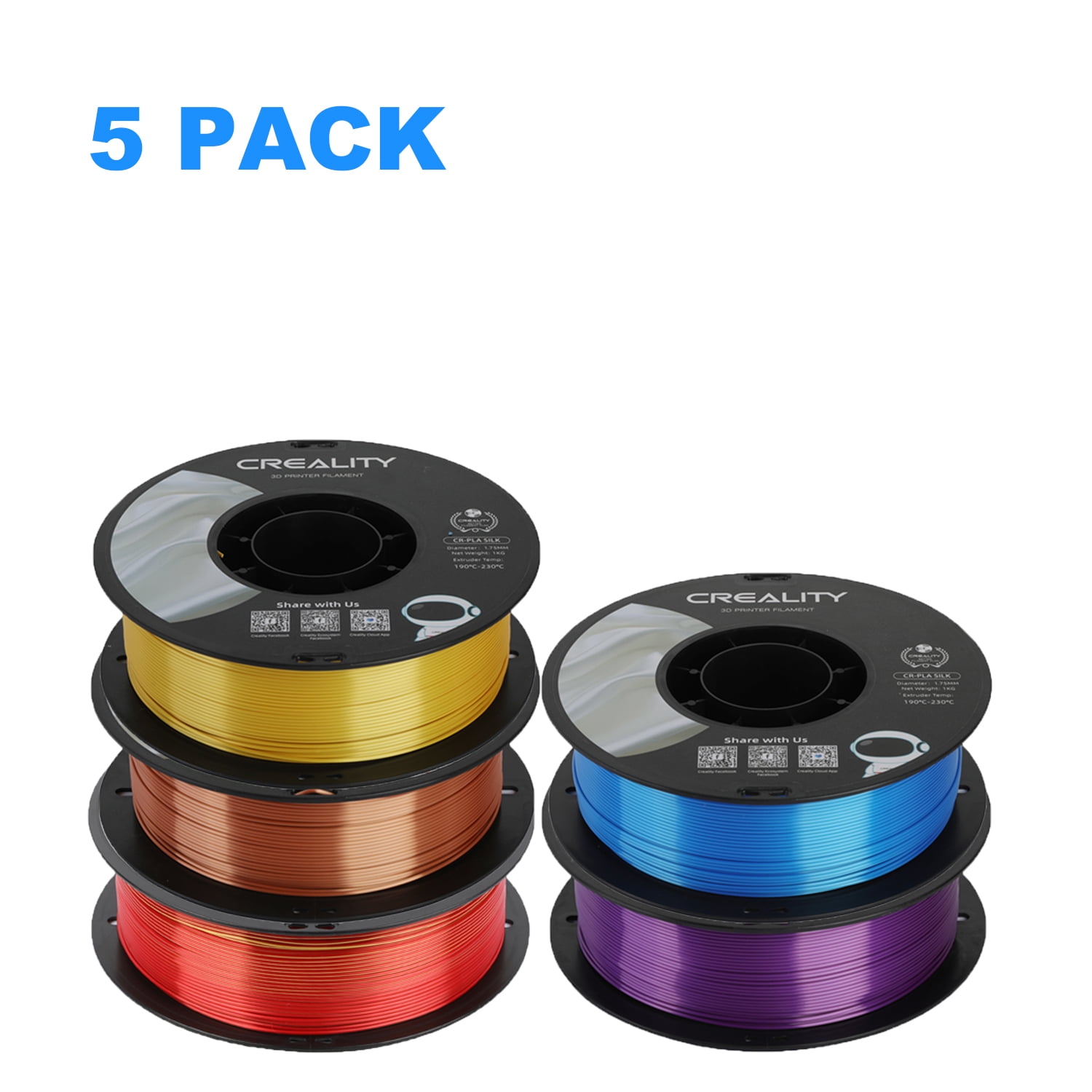 Creality Official 3D Printer Filament 5 Packs 1.75mm Silk PLA Filament ...