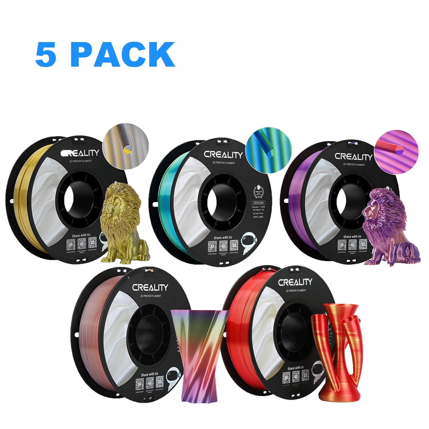 Creality Official 3D Printer Filament 5 Packs 1.75mm Silk PLA Filament ...