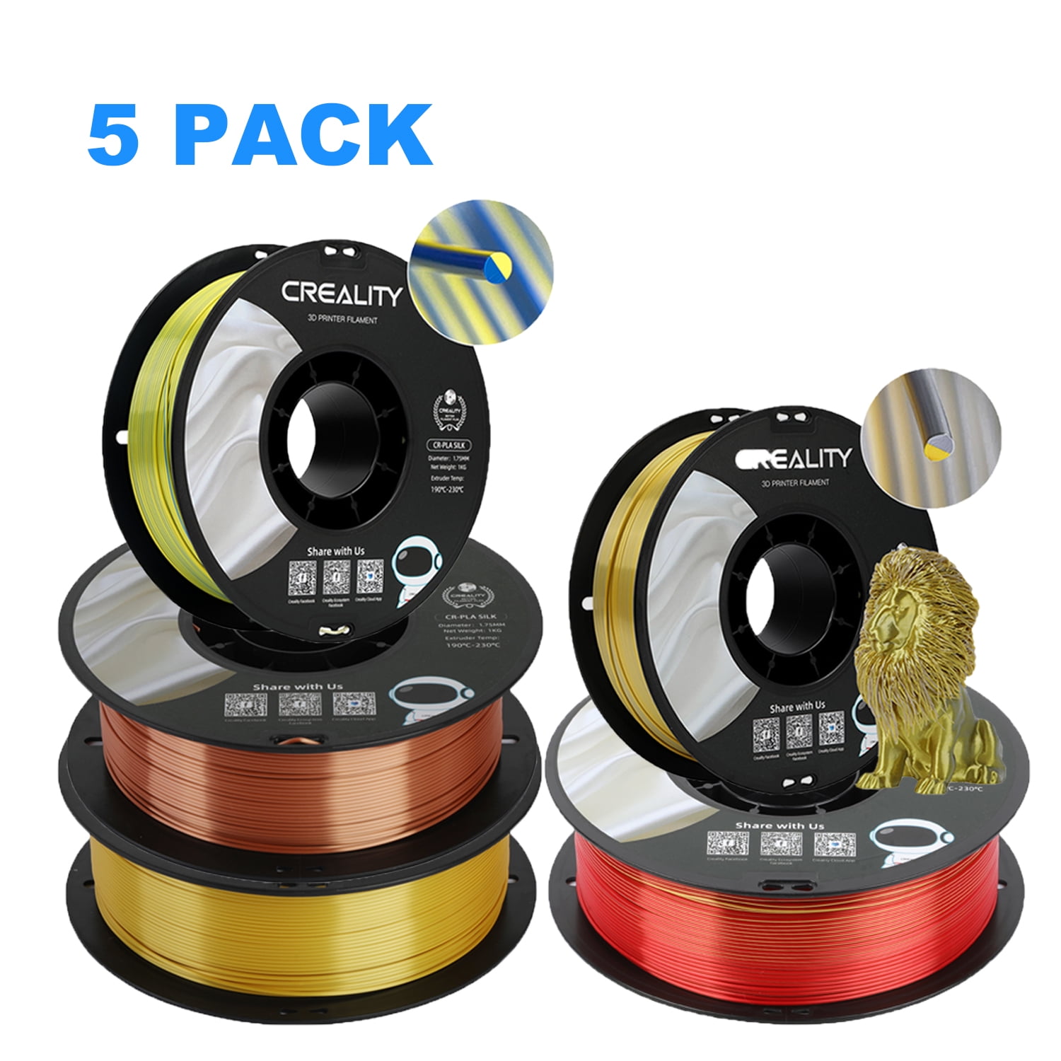Creality Official 3D Printer Filament 5 Packs 1.75mm Silk PLA Filament ...