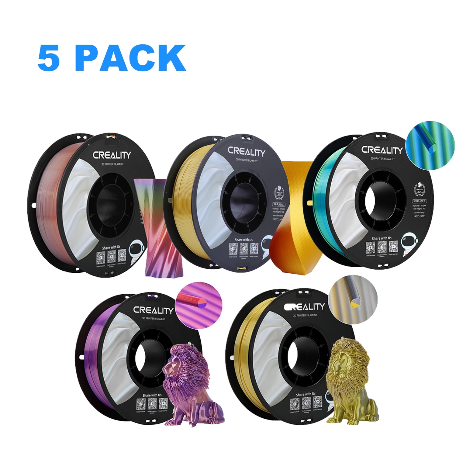 Creality Official 3D Printer Filament 5 Packs 1.75mm Silk PLA Filament ...