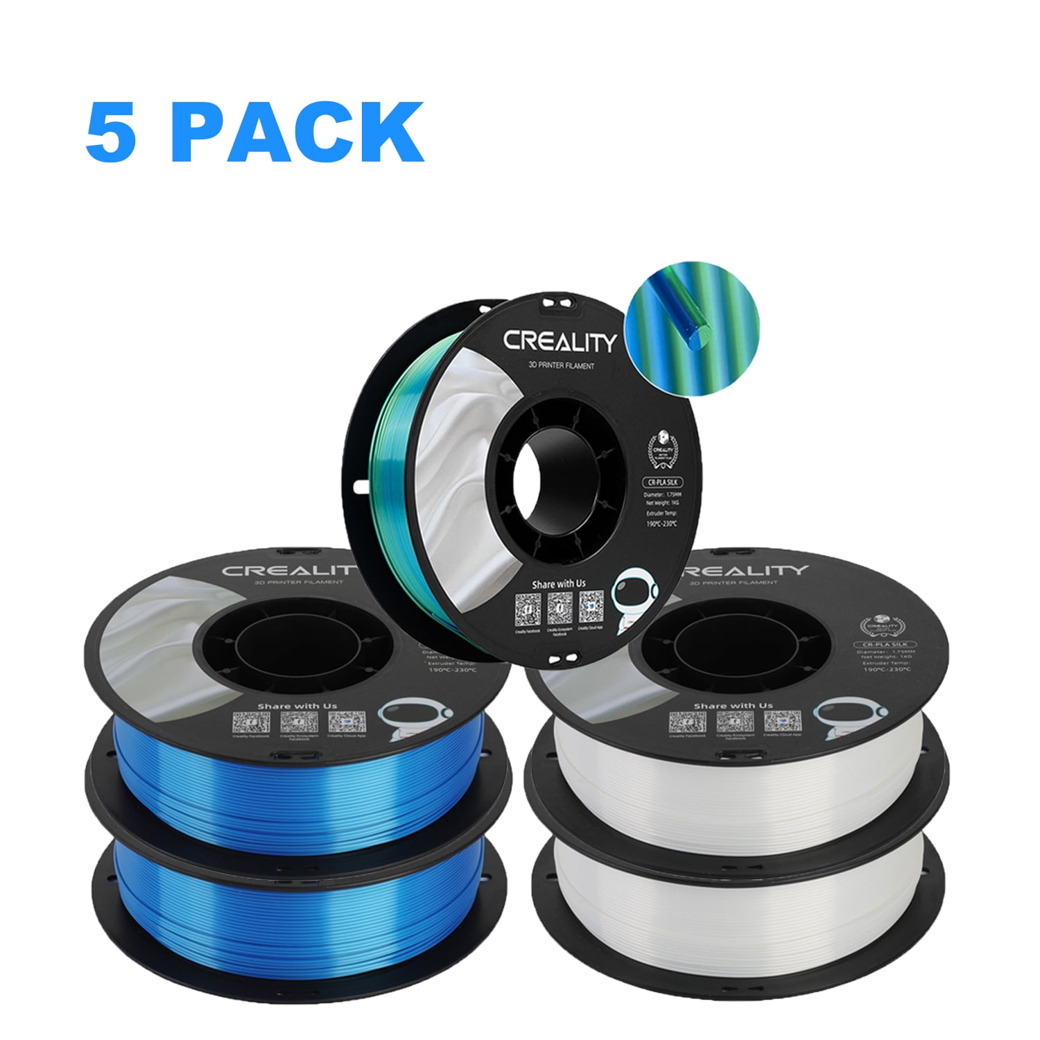 Creality Official 3D Printer Filament 5 Packs 1.75mm Silk PLA Filament ...