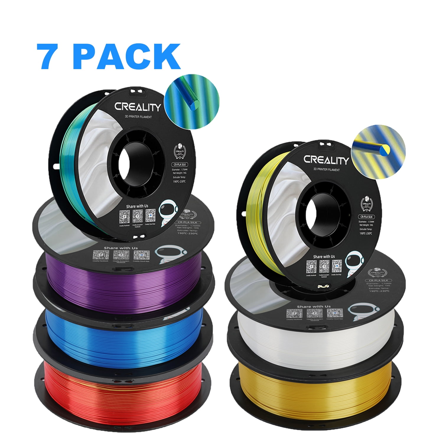 Creality Official 3D Printer Filament 7 Packs 1.75mm Silk PLA Filament ...