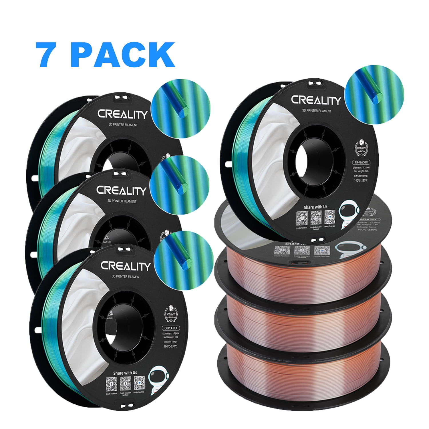 Creality Official 3D Printer Filament 7 Packs 1.75mm Silk PLA Filament ...