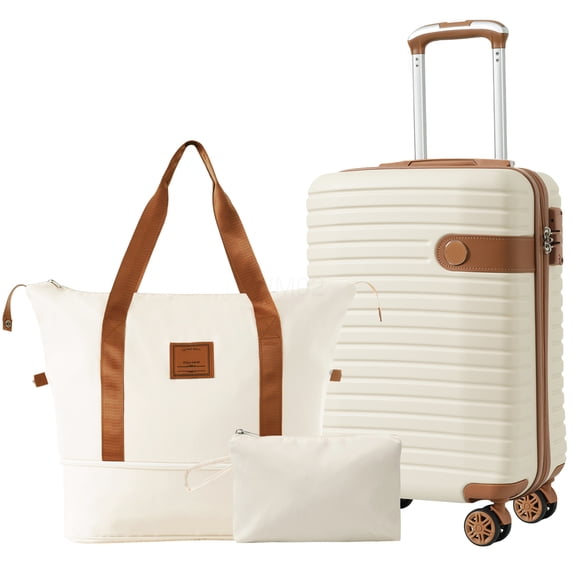 Cream ABS 3-Piece Carry-On Luggage Set with Spinner Wheels, TSA Lock ...