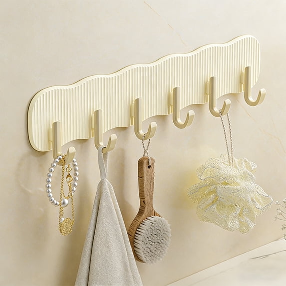 Cream Adhesive Wall Hook Rack Non Drill 6 Hooks Bathroom Kitchen ...