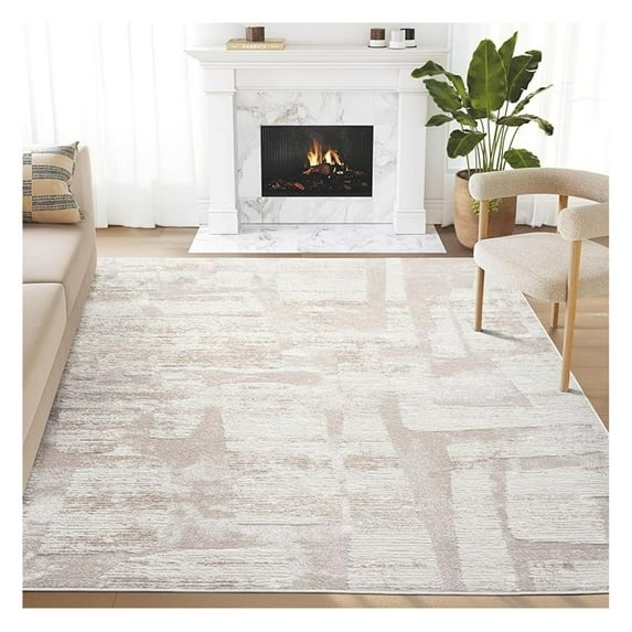 Cream Area Rug for Living Room, Bedroom - Block Pattern- 4' x 6 ...