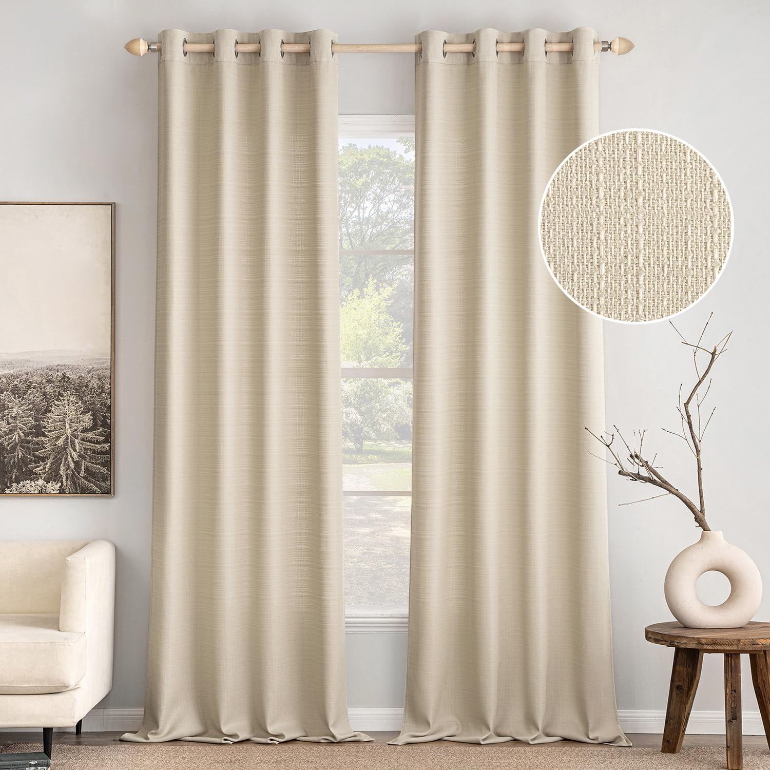 Cream Beige Faux Linen Textured Curtains 84 Inch Length 2 Panels Set ...