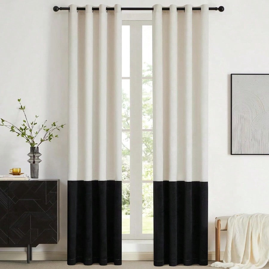 Cream Black Color Block Window Curtains Panels 84 inches Long Veet ...