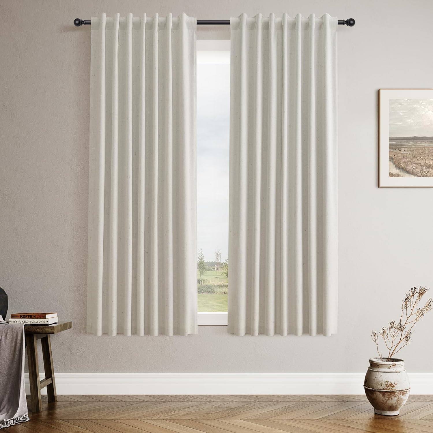 Cream Blackout Curtains 63 Inch Length Bedroom Natural Linen Thermal ...