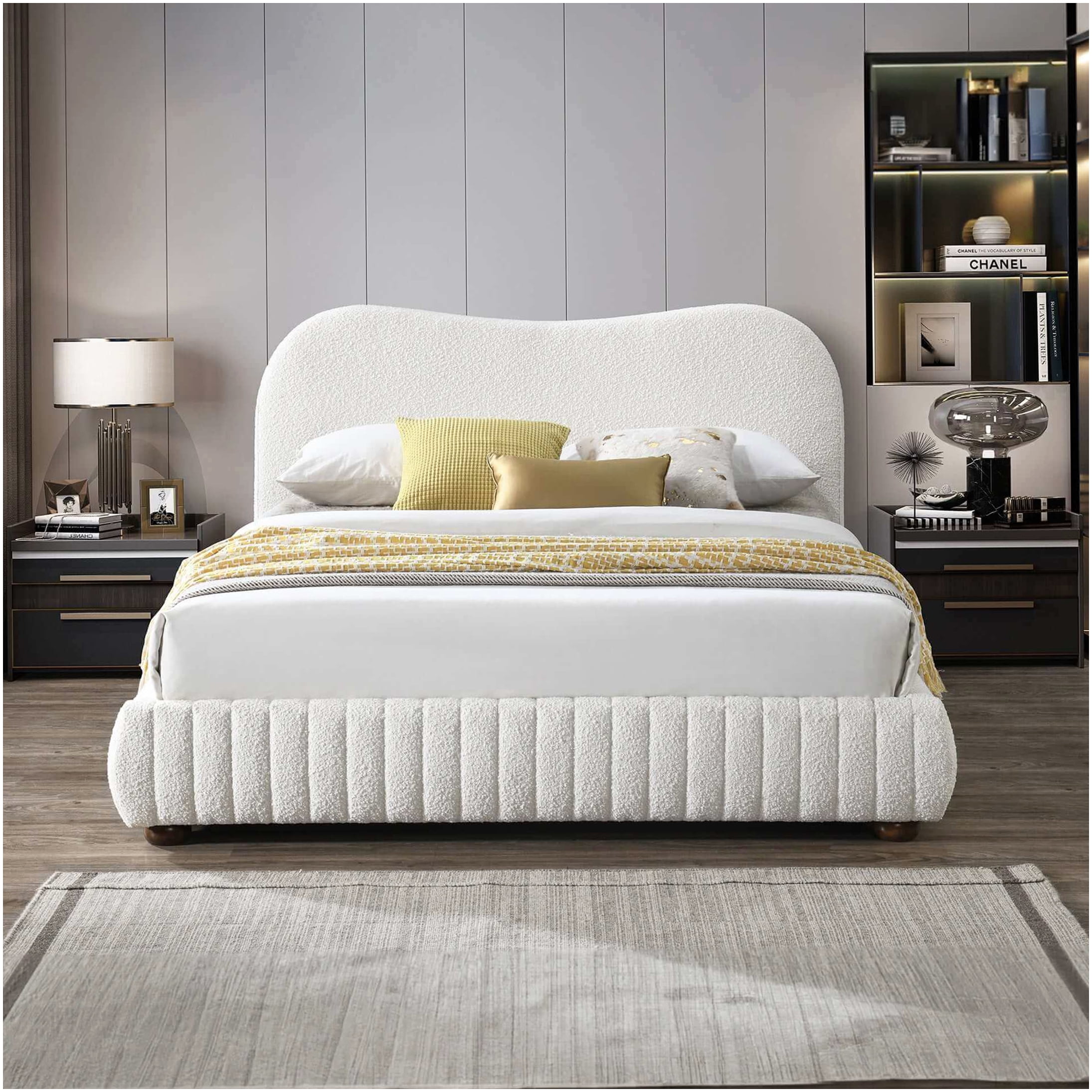 Cream Boucle Upholstered Queen Platform Bed, Low Profile Modern Bed ...
