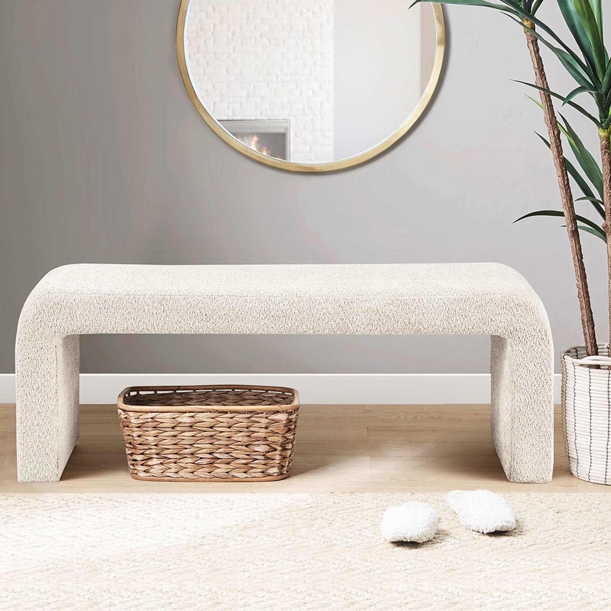 Cream Boucle Waterfall Bench For Home - 52"w X 17.5"d 18"h, 400 Lbs ...