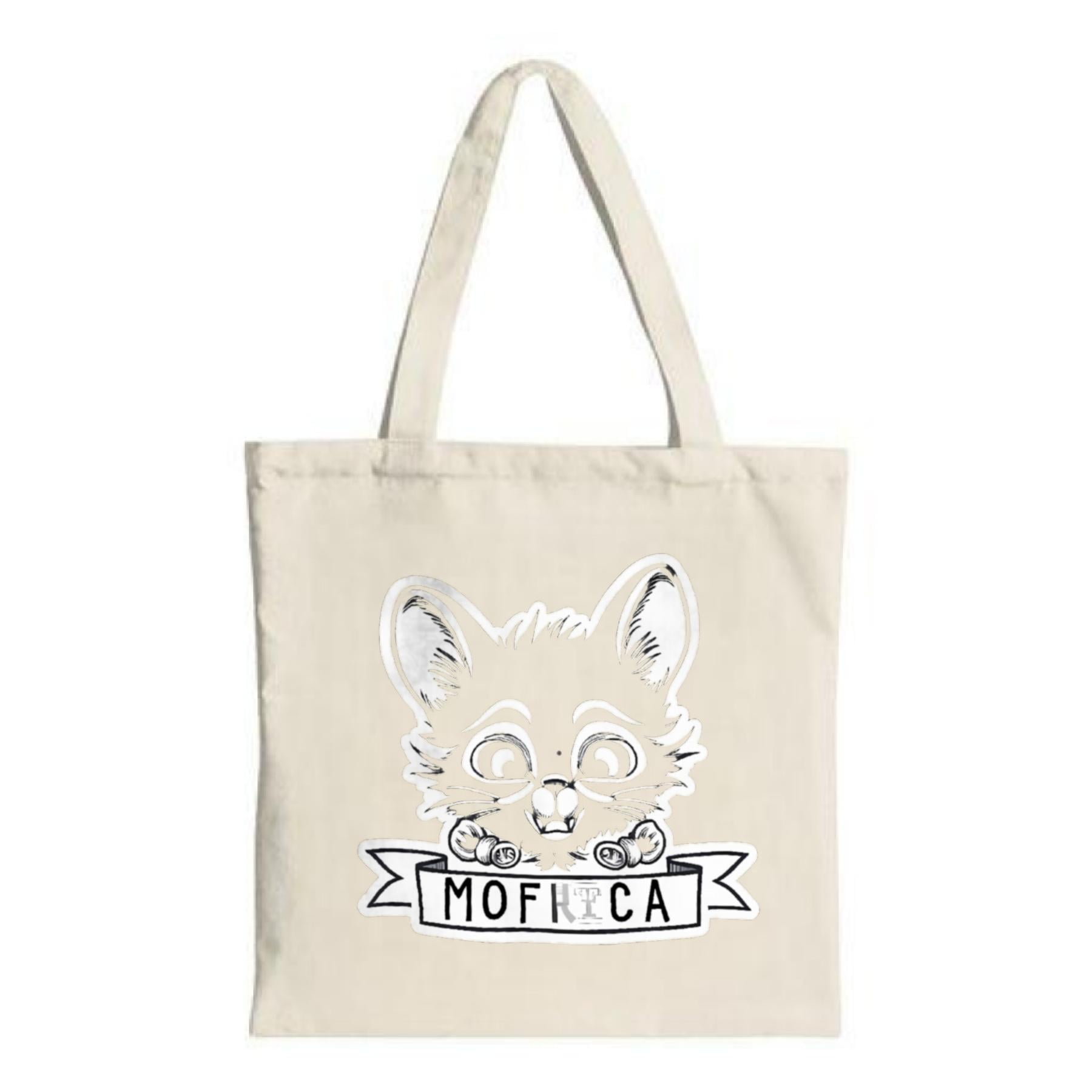 Cream Canvas Tote Bag with Cartoon Cat Face & ' Mofuca ' Banner ...