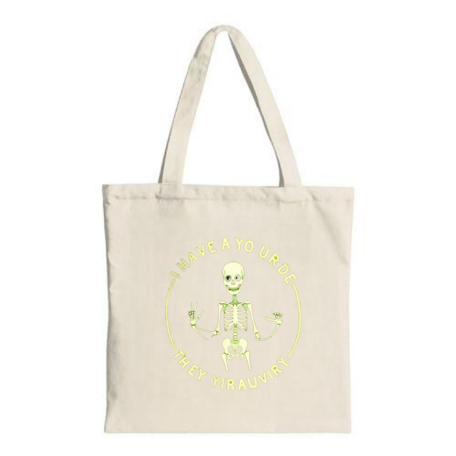 Cream Canvas Tote Bag with Cartoon Skeleton Design Bright Yellow Text ...