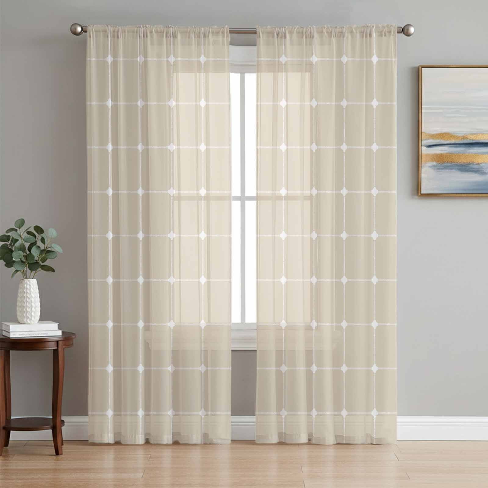 Cream Checkered Sheer Curtains for Living Room Bedroom, Modern ...