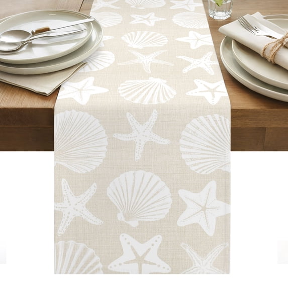 Cream Coastal Cotton Linen Table Runner Starfish Shell Ocean NauticalV ...