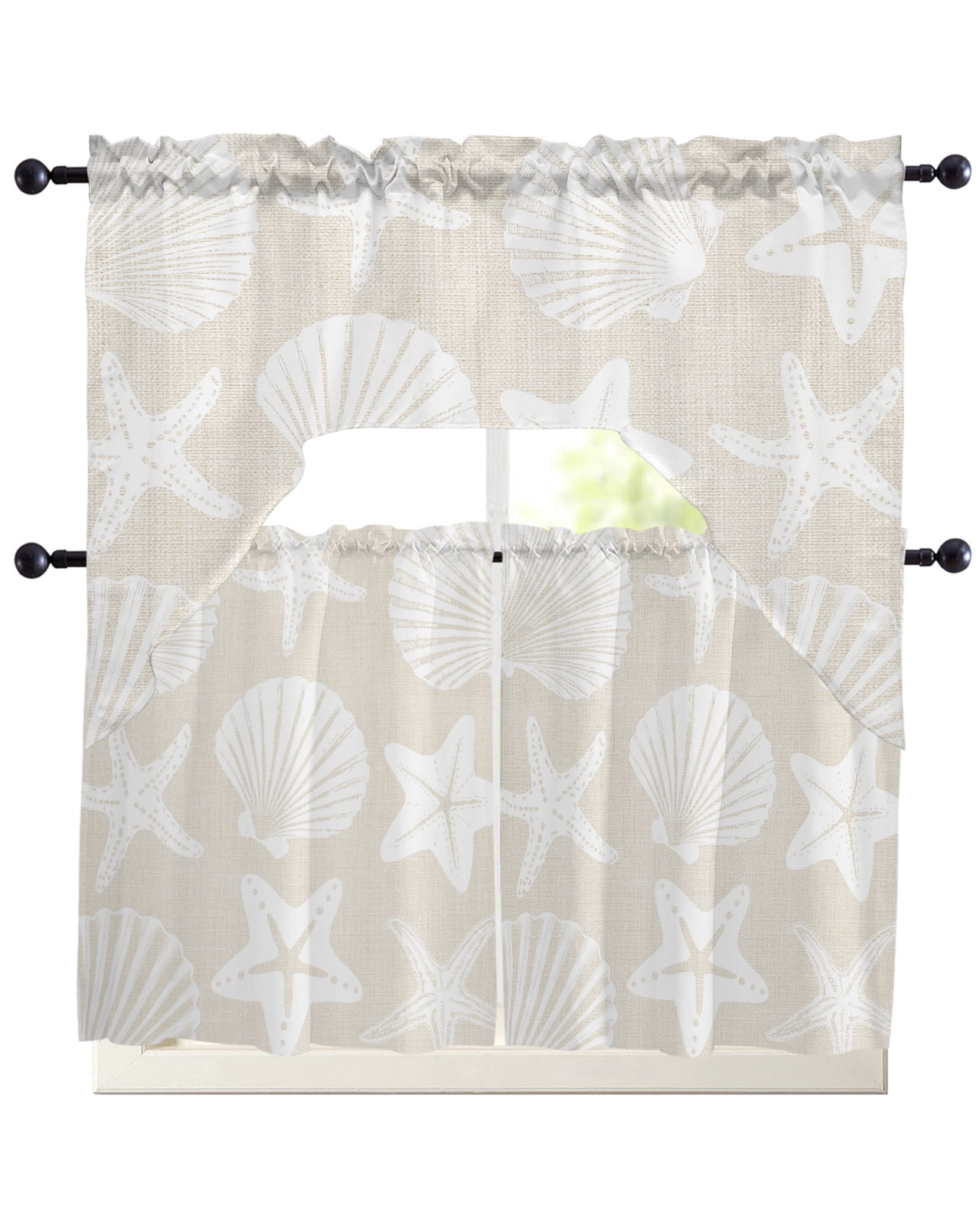 Cream Coastal Starfish Kitchen Curtains Set for Windows 3 Piece Cafe ...