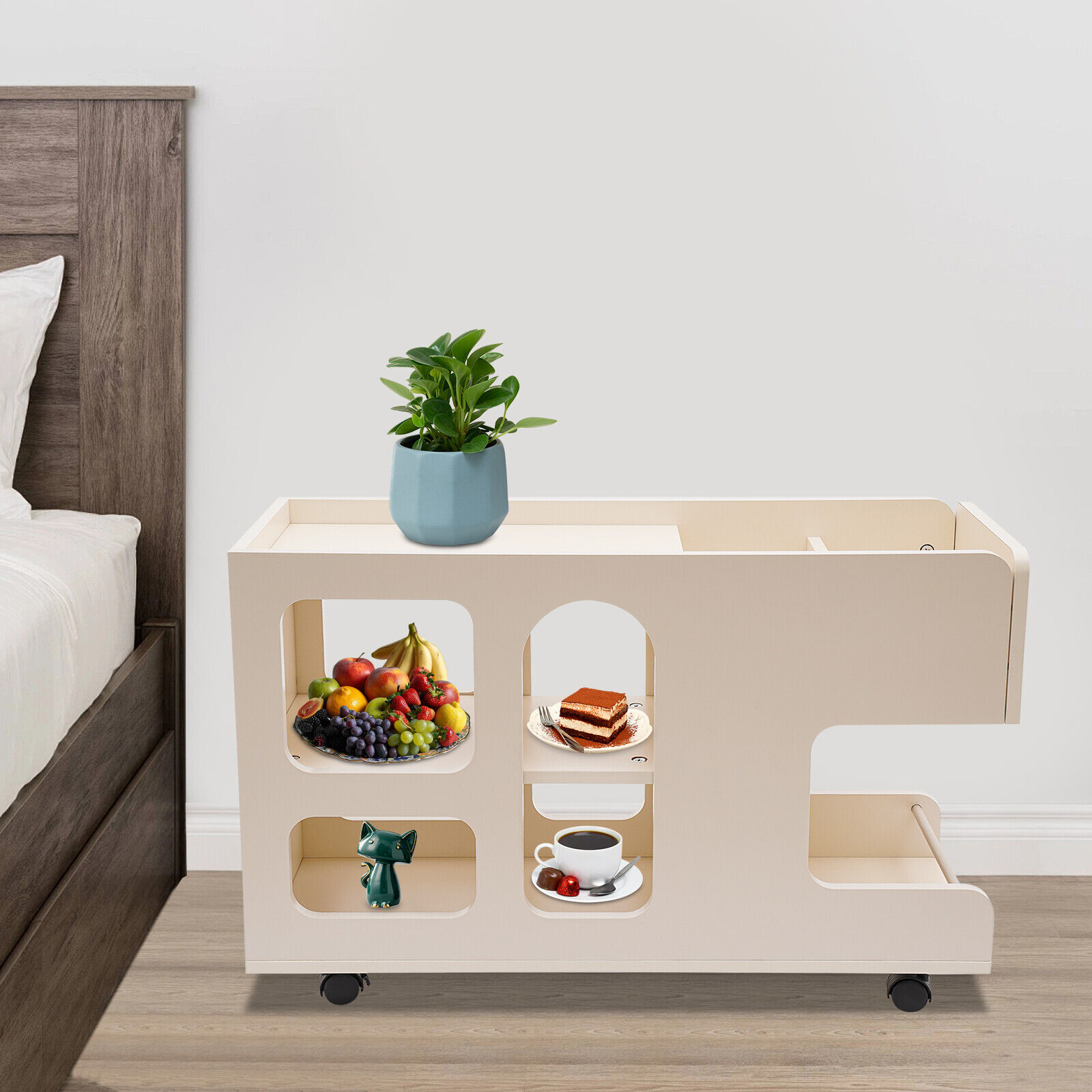 Cream Color 3-Tier Mobile Trolley Sofa Side Table W/ Wheels Rolling ...