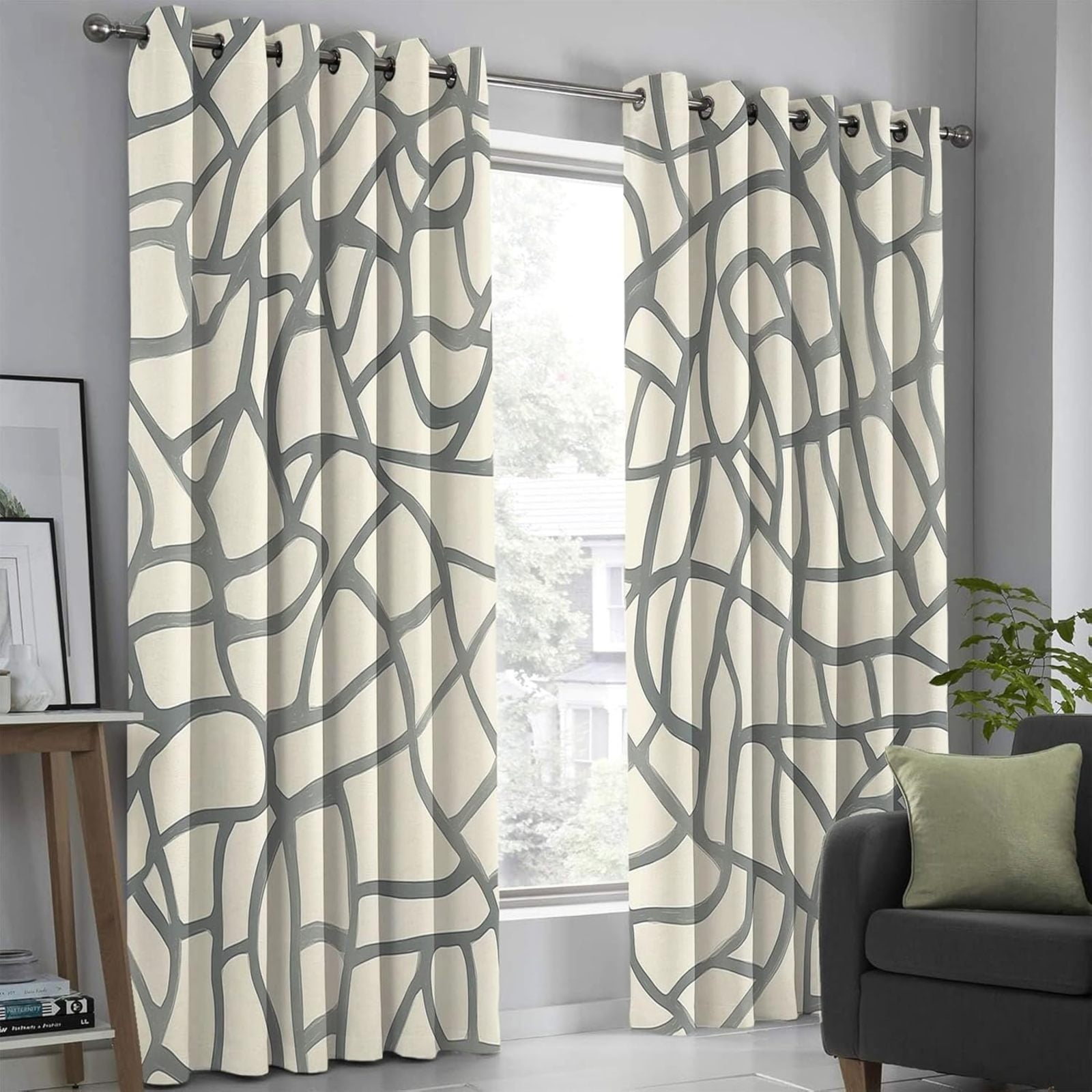 Cream Color Blackout Curtains Abstract Hand-Drawn Lines Curtains For ...