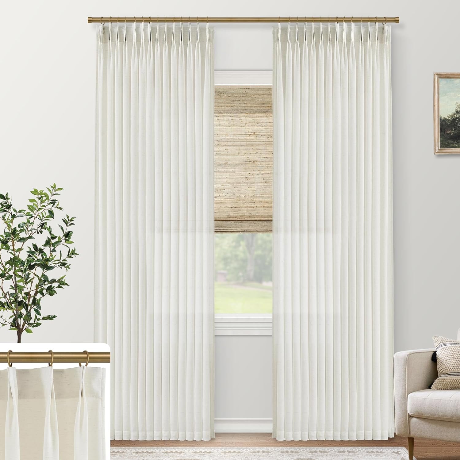 Cream Colored 86 Inch Sheer Linen Curtains for Living Room Extra Long Pinch Pleated Drapes ...