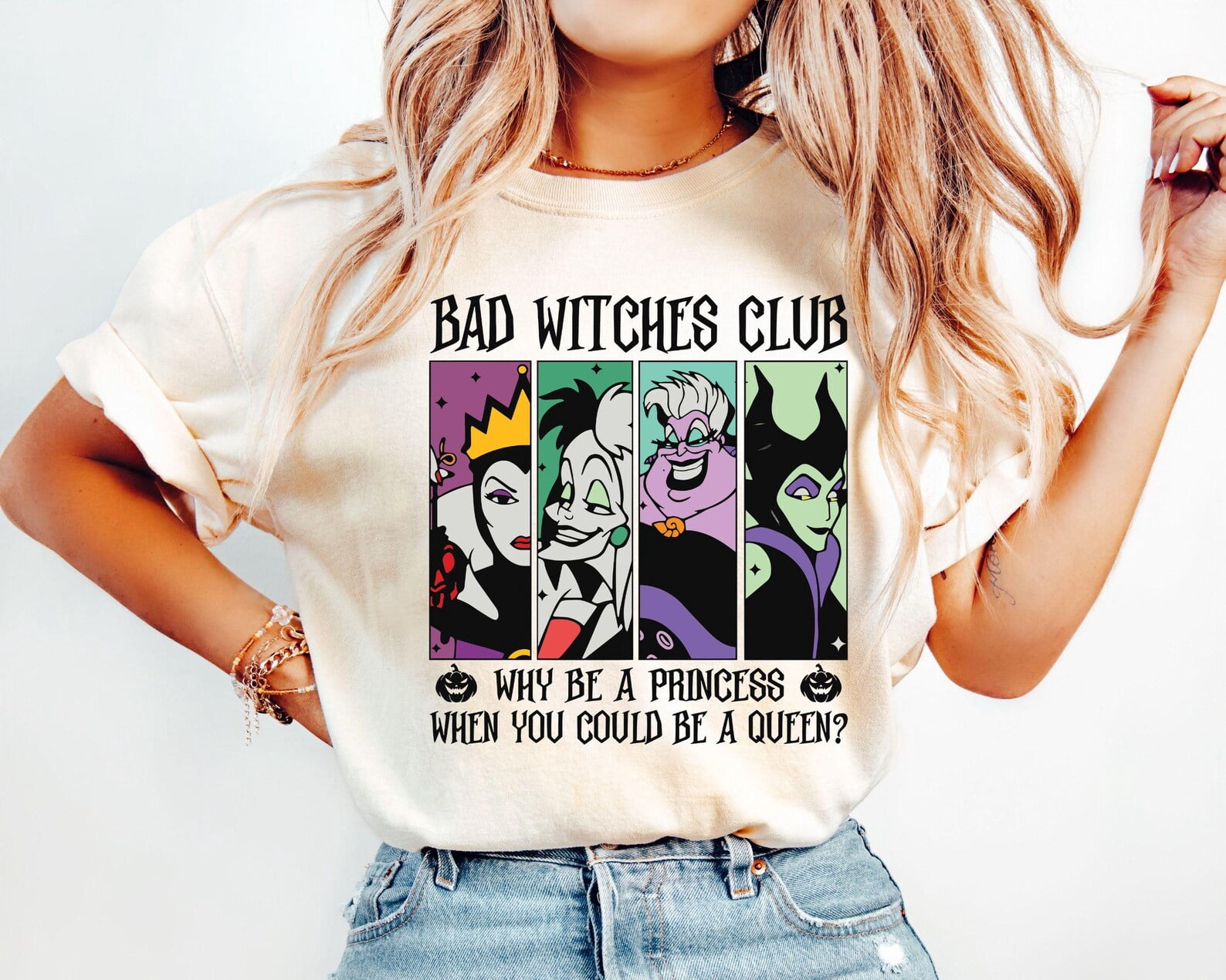 Cream-Colored "BAD WITCHES CLUB" T-Shirt with Cartoon Villains and ...