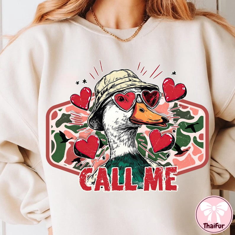 Cream-Colored "Call Me" Duck & Heart Sunglasses Camo Print Sweatshirt ...