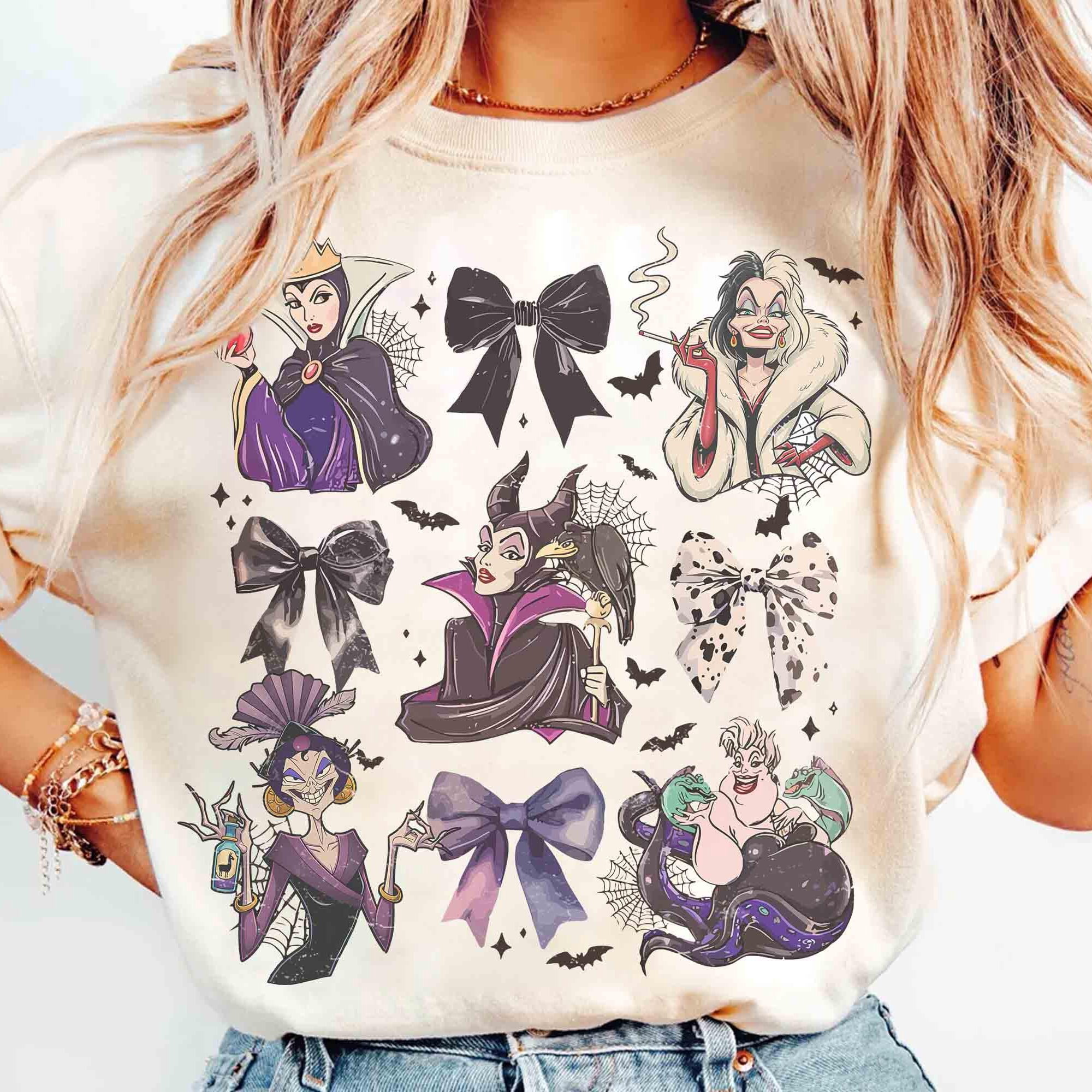 Cream-Colored Comfort Colors T-Shirt with Whimsical Villains, Bows, and ...