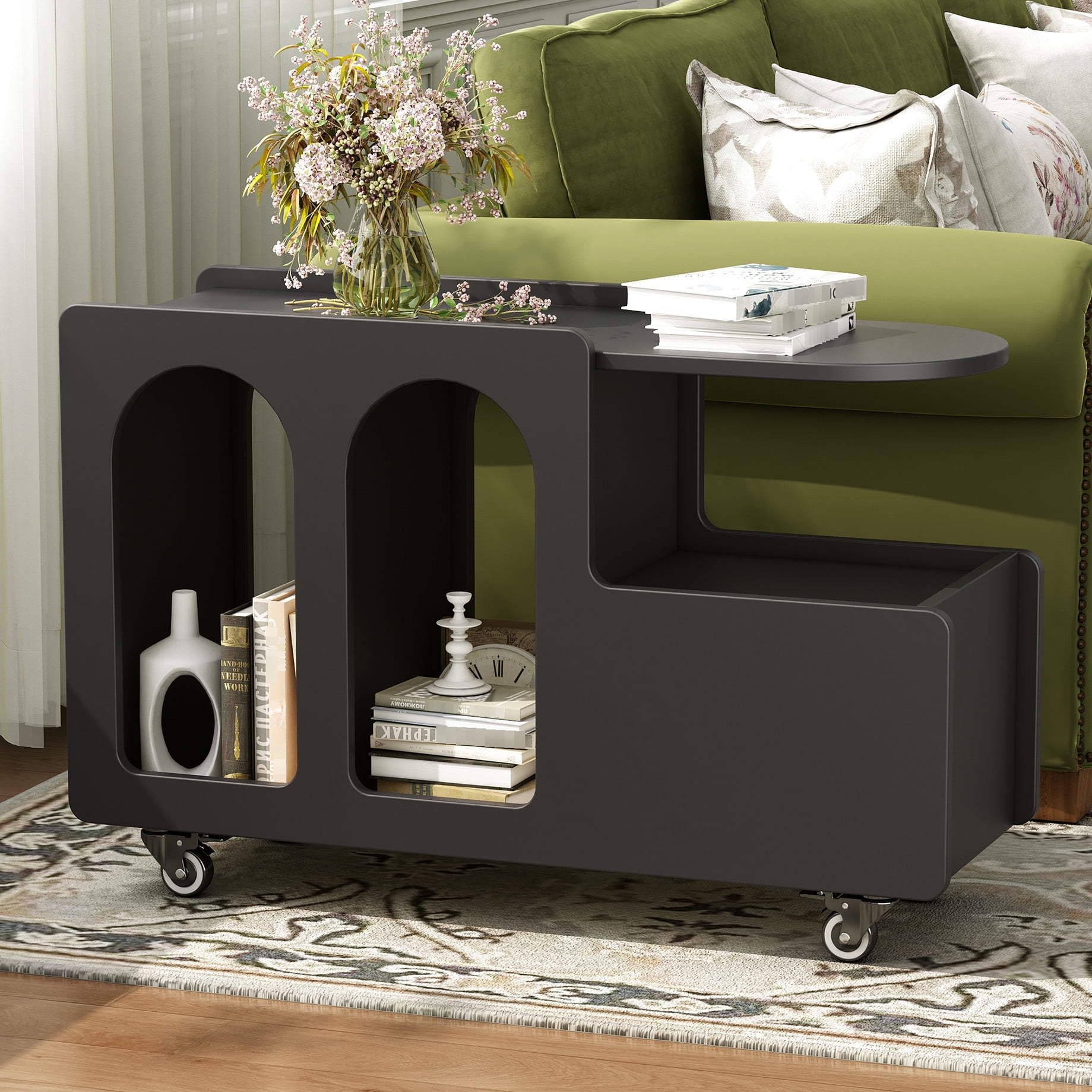 Cream Colored Storage Table With Lockable Rotating Caster Wheels And ...