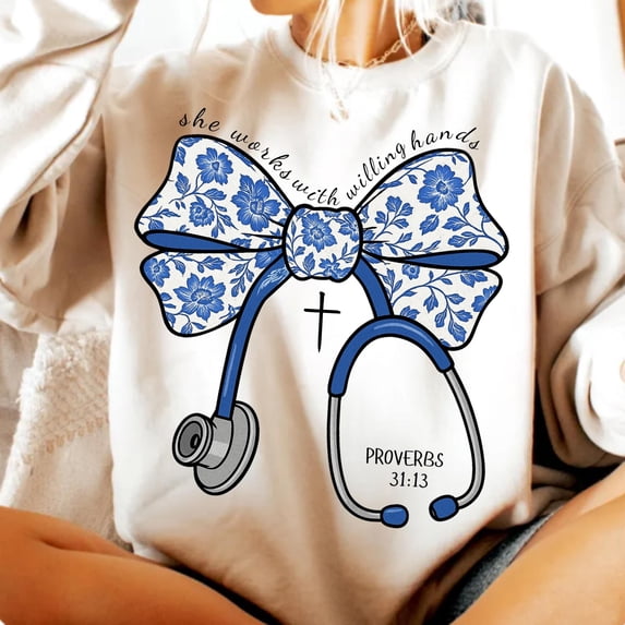 Cream-Colored Sweatshirt with Blue Floral Bow and Stethoscope Design ...
