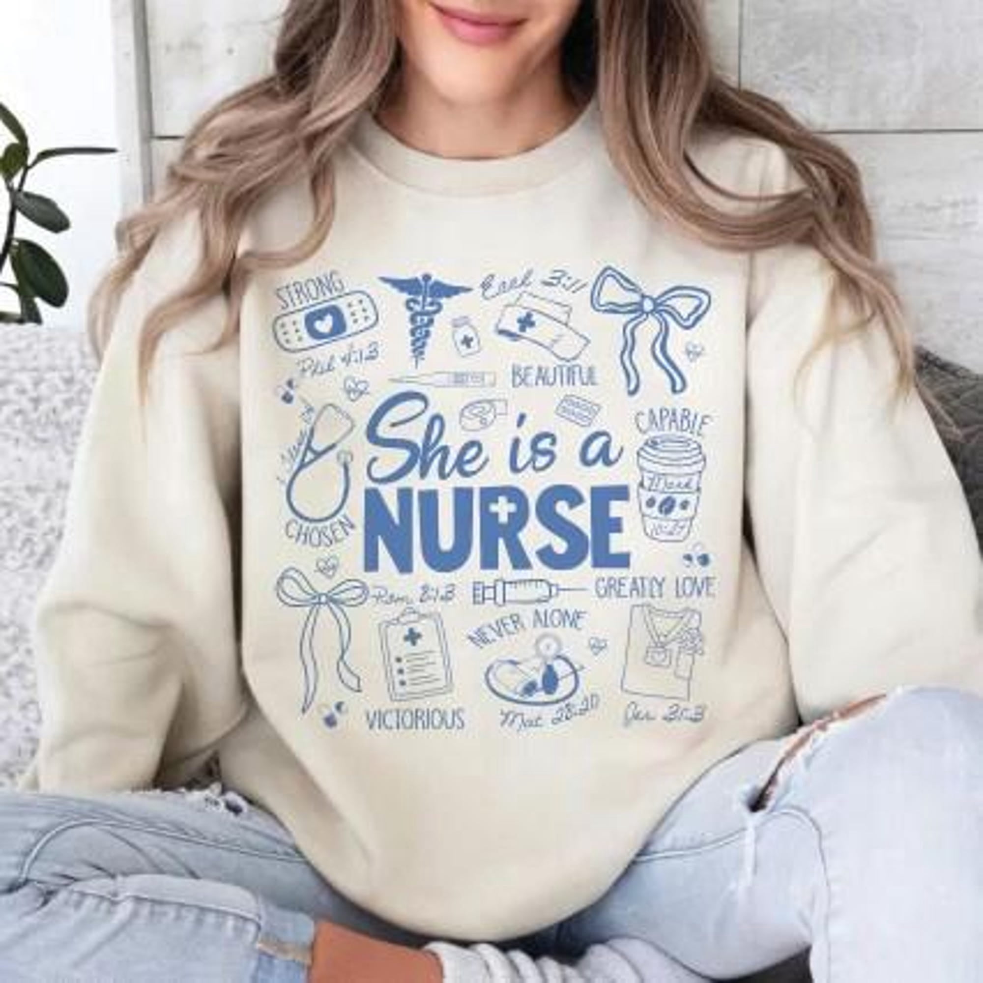 Cream-Colored Sweatshirt with Blue "She is a Nurse" Design and Medical ...