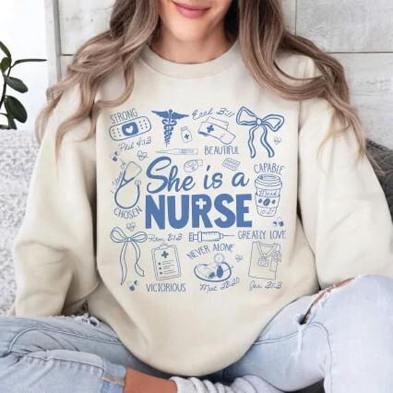 Cream-Colored Sweatshirt with Blue "She is a Nurse" Design and Medical ...