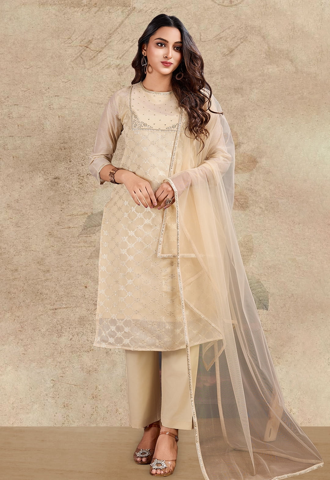 Cream Colour Round Neck Square Shape Yoke Embroidered Jacquard Cotton ...