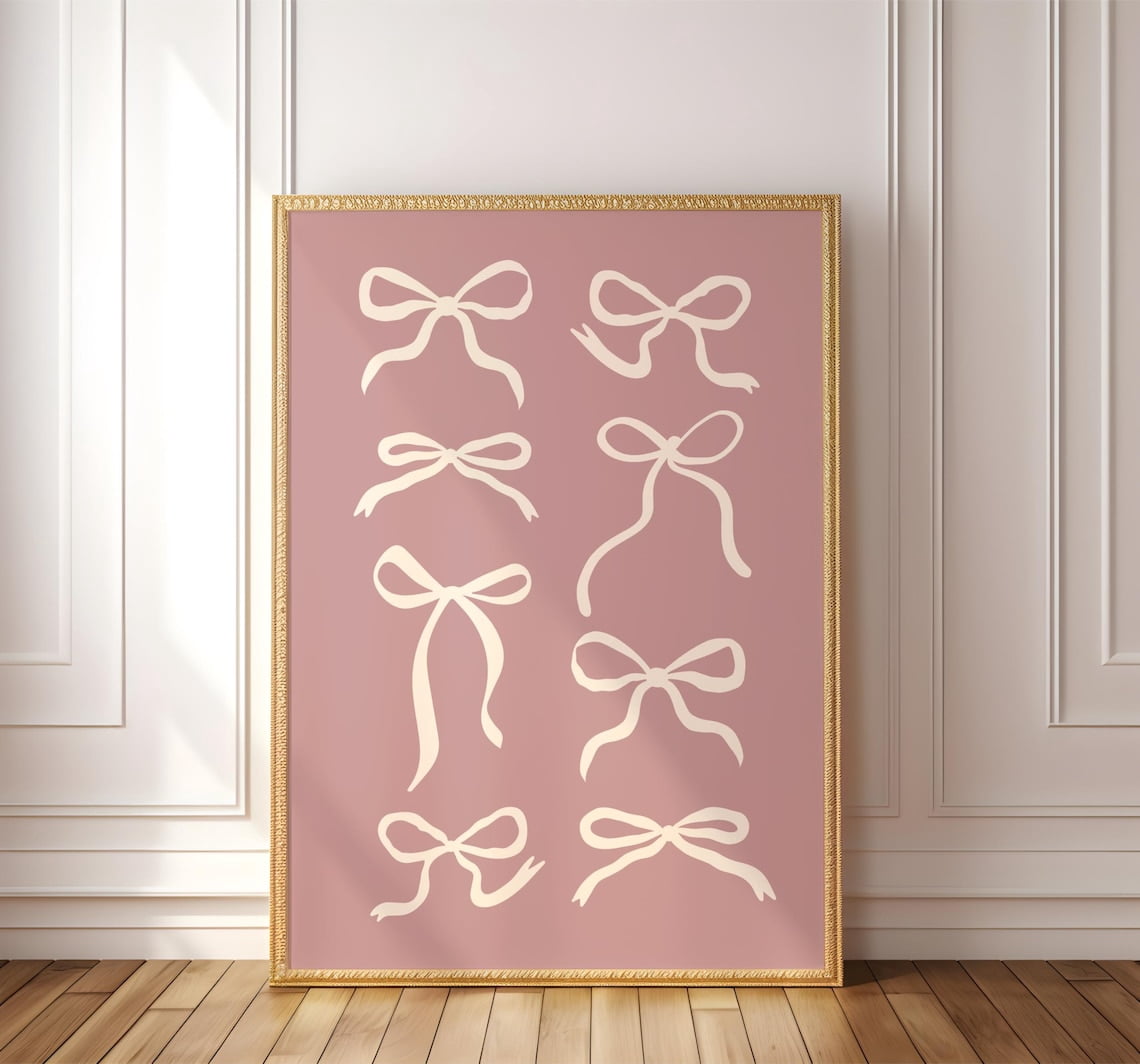 Cream Coquette Bows Print, Dusty Pink Wall Art, Unframed Paper Poster ...