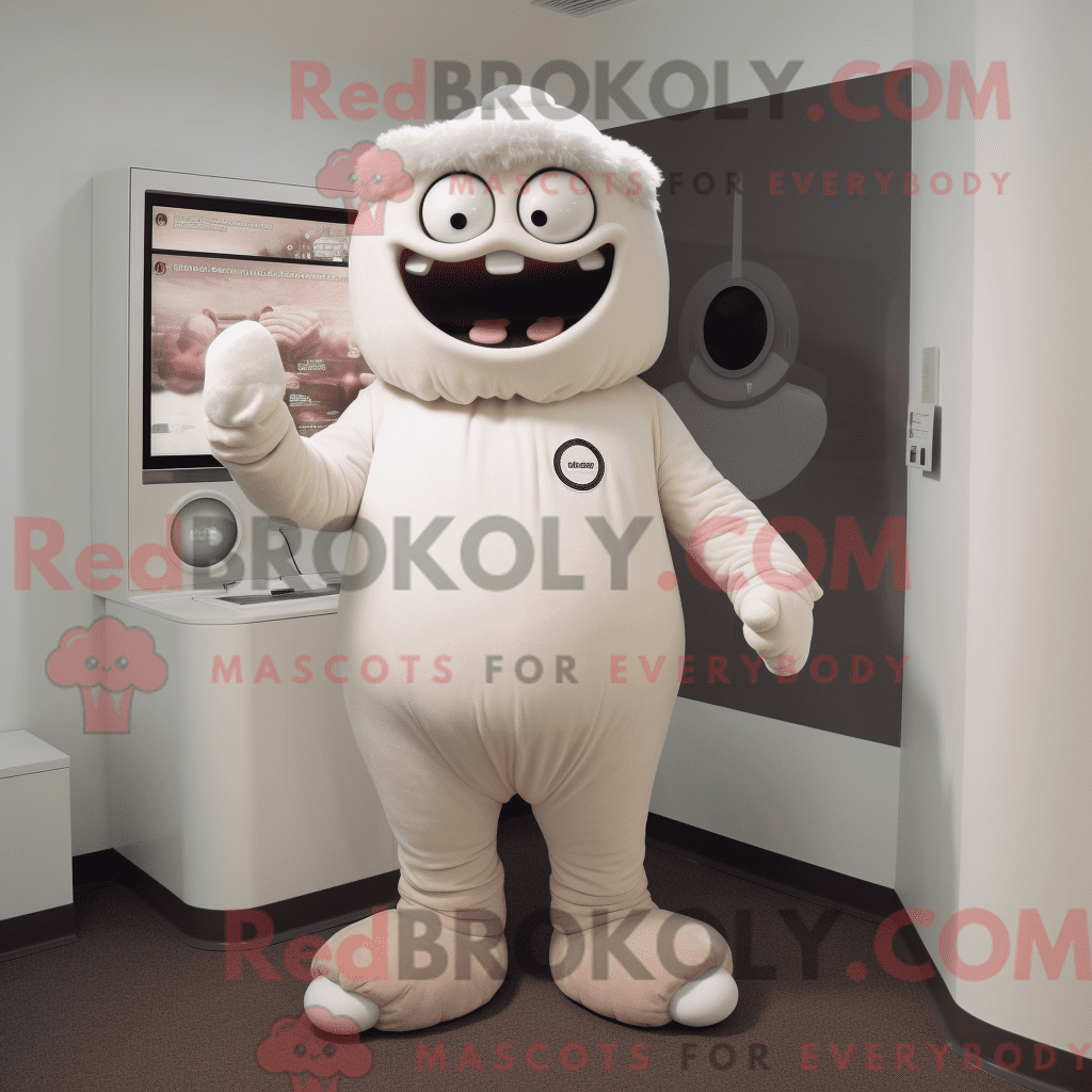 Cream Cyclops REDBROKOLY mascot costume character dressed with a Romper ...