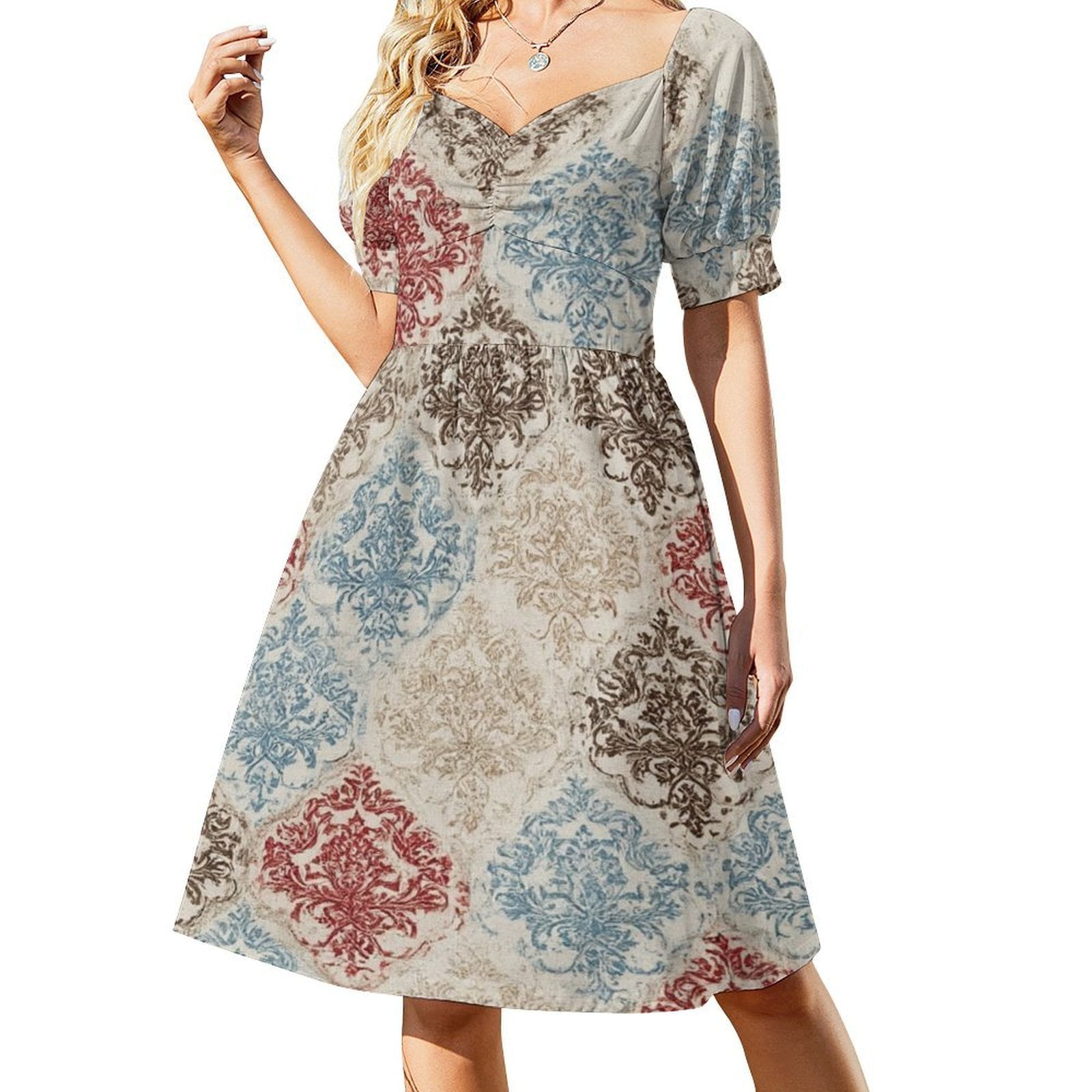 Cream Damask Patterned Rug Short Sleeve Dress Clothes Women's Summer ...