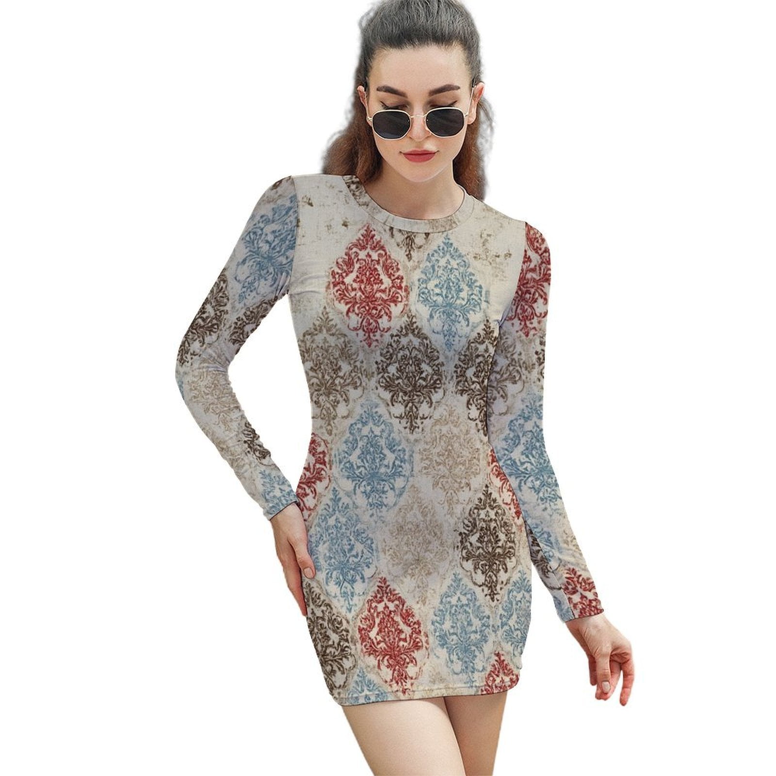 Cream Damask Patterned Rug Women's Long Sleeve Bodycon Dress Soft ...