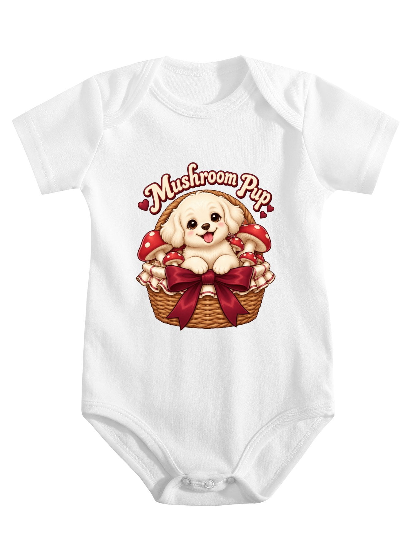 Cream Dog Mushroom Basket Bow Baby Bodysuit, 100% Cotton Short Sleeve ...