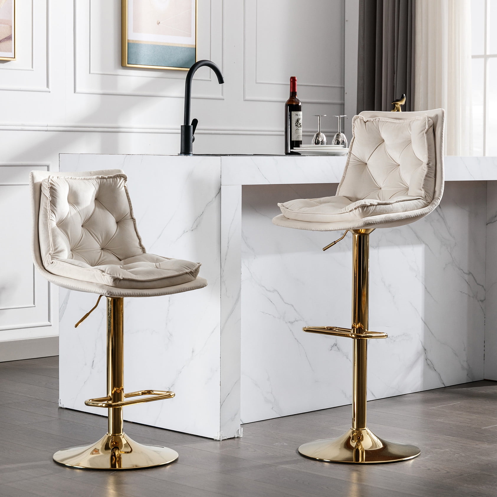 Cream Fabric 2 - Piece Bar Stools with Chrome Footrest / Swivel ...