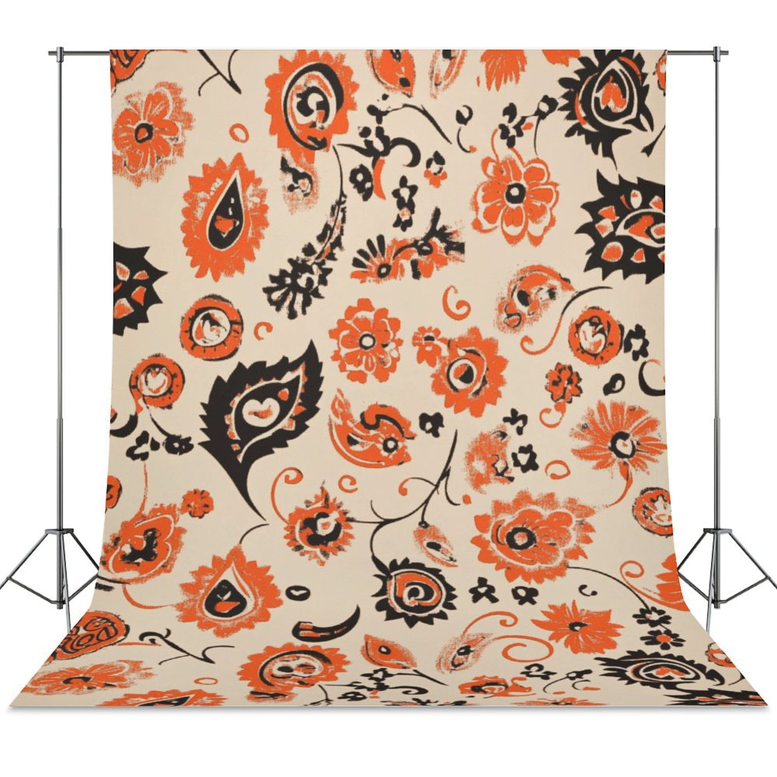 Cream Fabric Orange Black Floral Paisley Design Spring Wall Backdrop ...