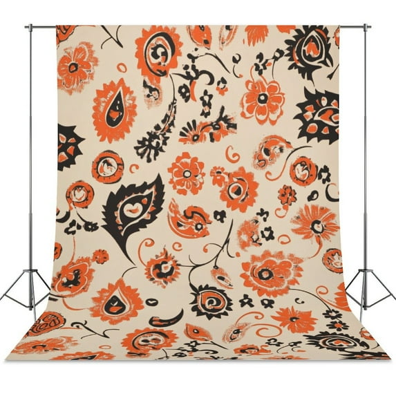 Cream Fabric Orange Black Floral Paisley Design Spring Wall Backdrop ...