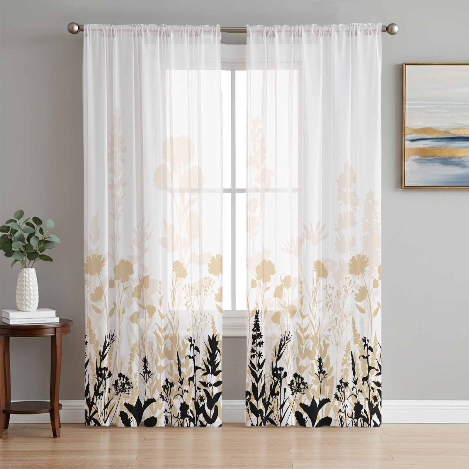 Cream Flowers Sheer Curtains 72 Inch Length 2 Panels Set, Country ...