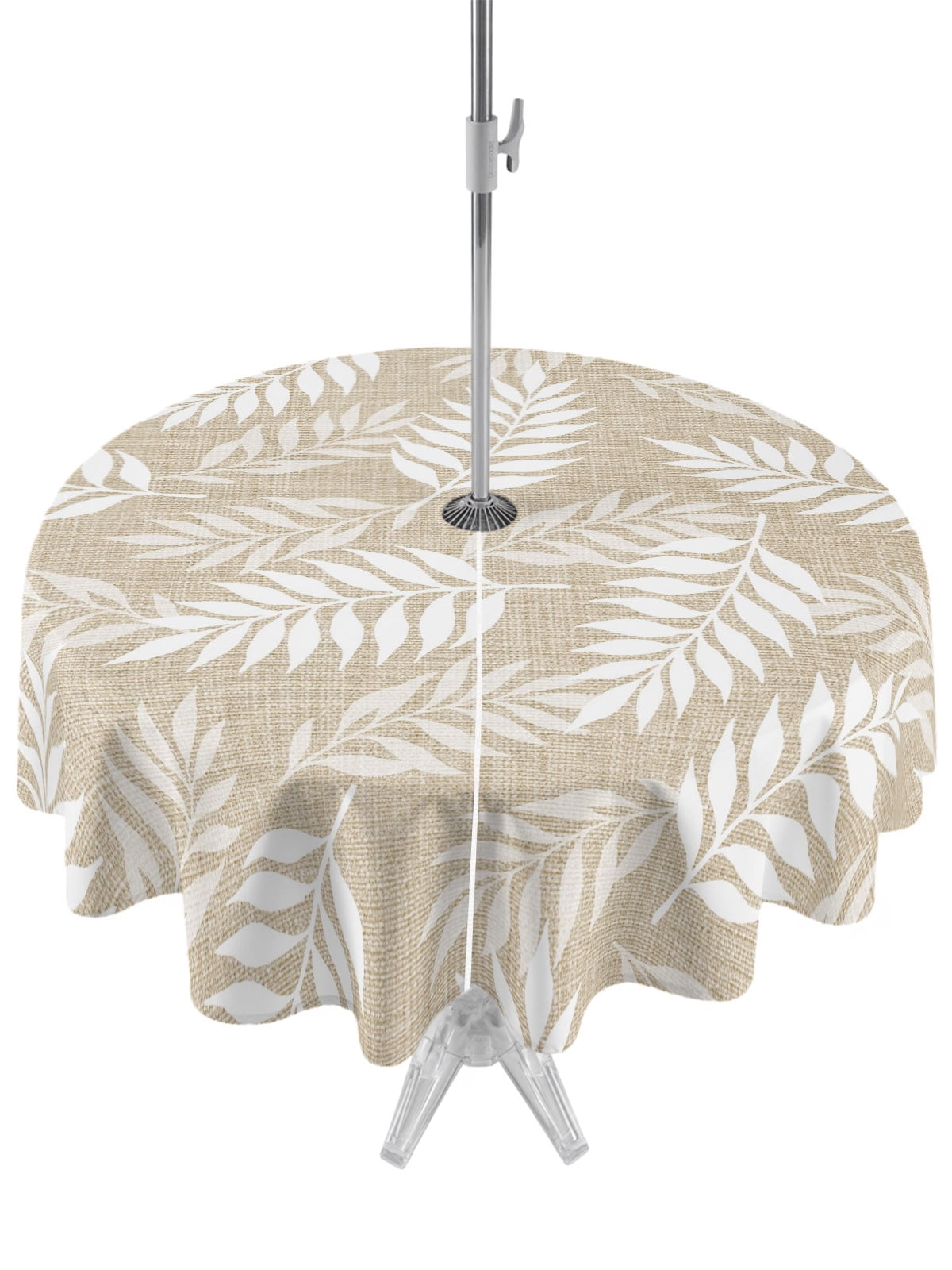 Cream Fronds Round Outdoor Tablecloth with Umbrella Hole Beige Leaf ...