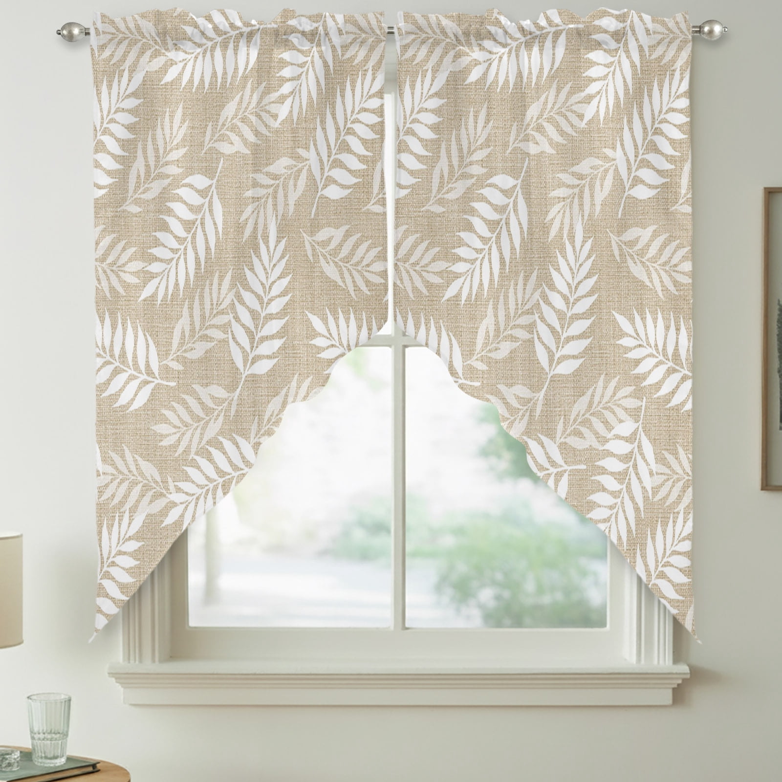 Cream Fronds Swag Kitchen Curtain Valances, Beige Leaf Plant Canvas ...