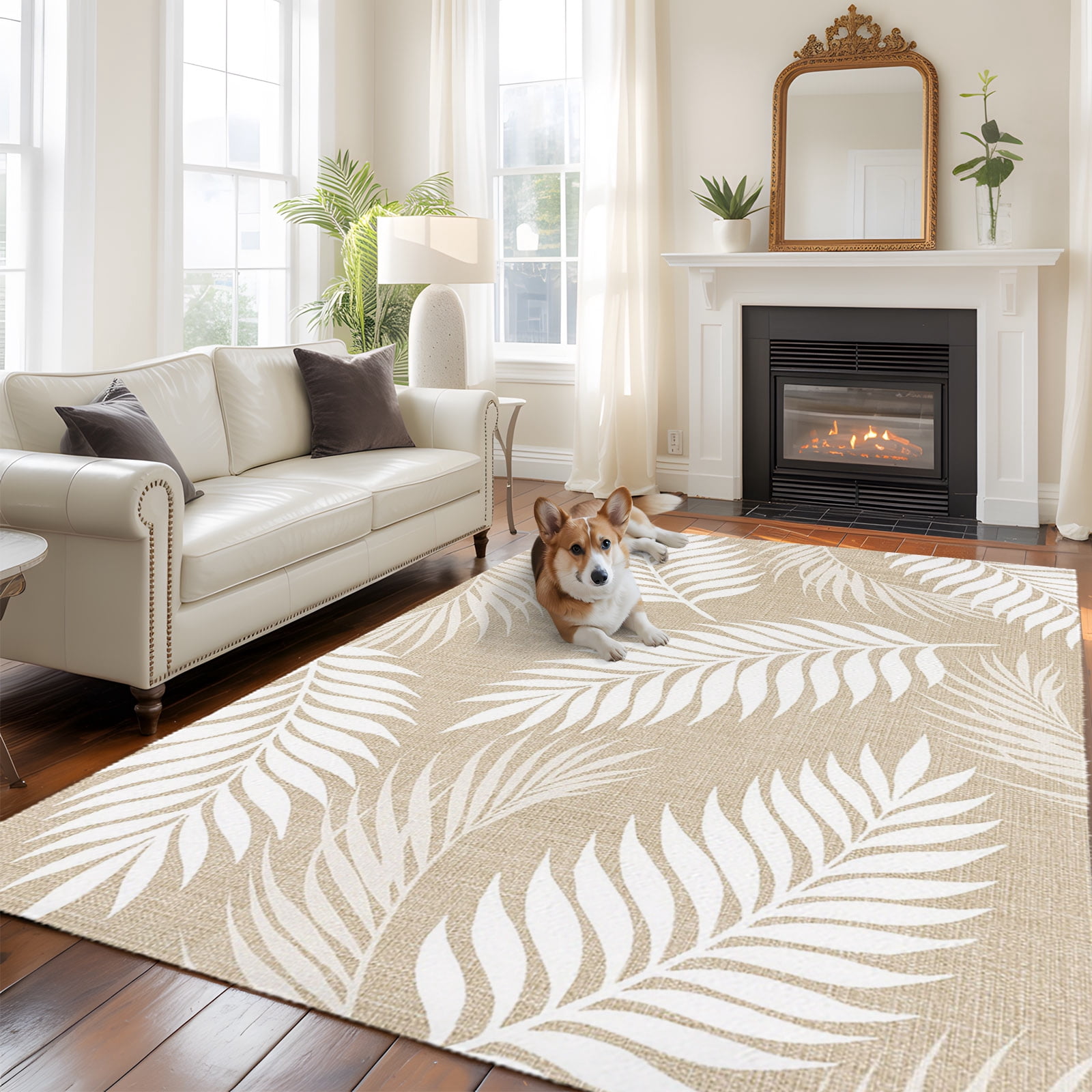 Cream Fronds Washable Area Rug 5x7 Rustic Beige Leaf Plant Linen ...