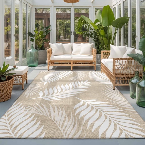 Cream Fronds Washable Area Rugs 3'x5', Rustic Beige Leaf Plant Linen ...