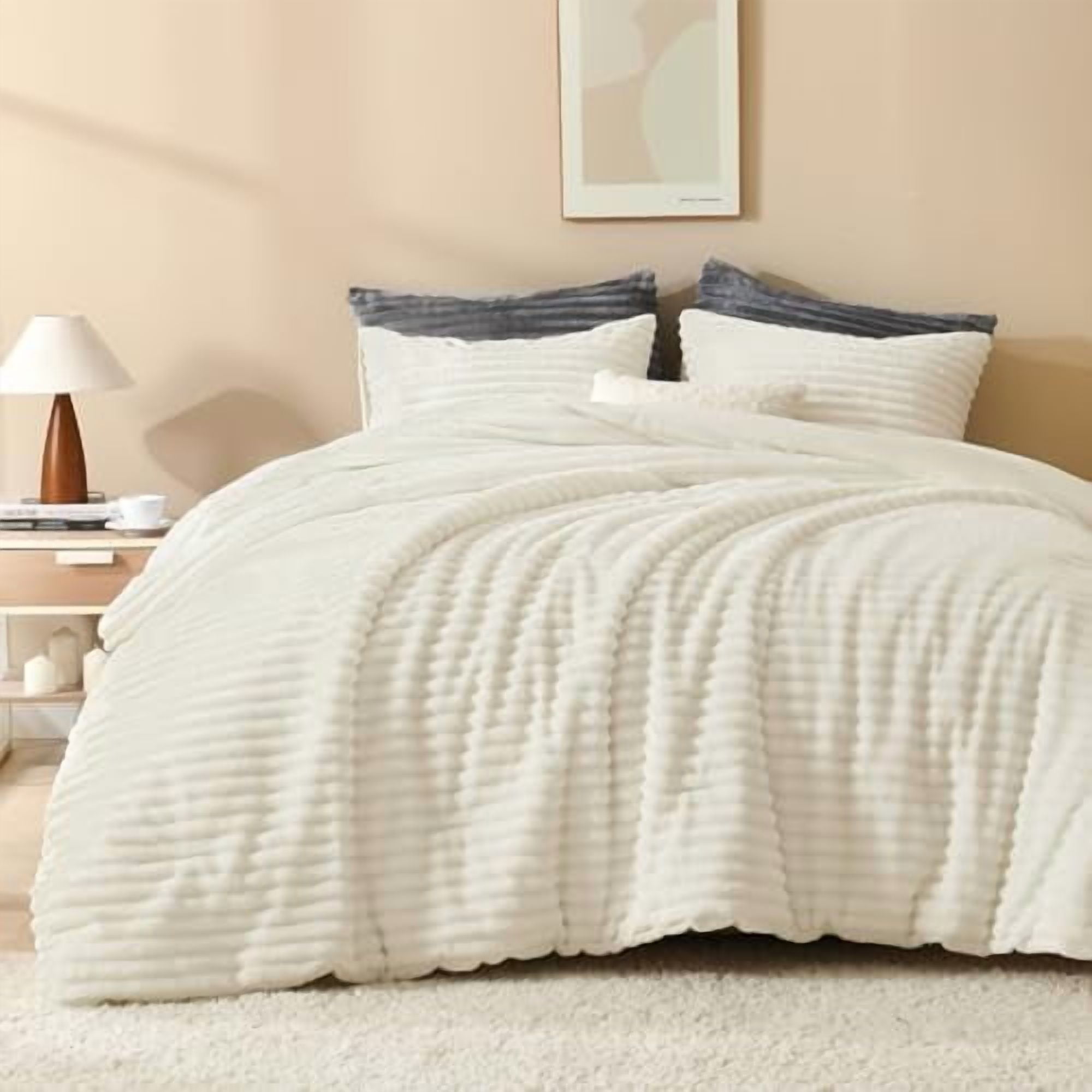 Cream Full Comforter Set, 3 Pieces Fleece Comforter Set for Full Size ...