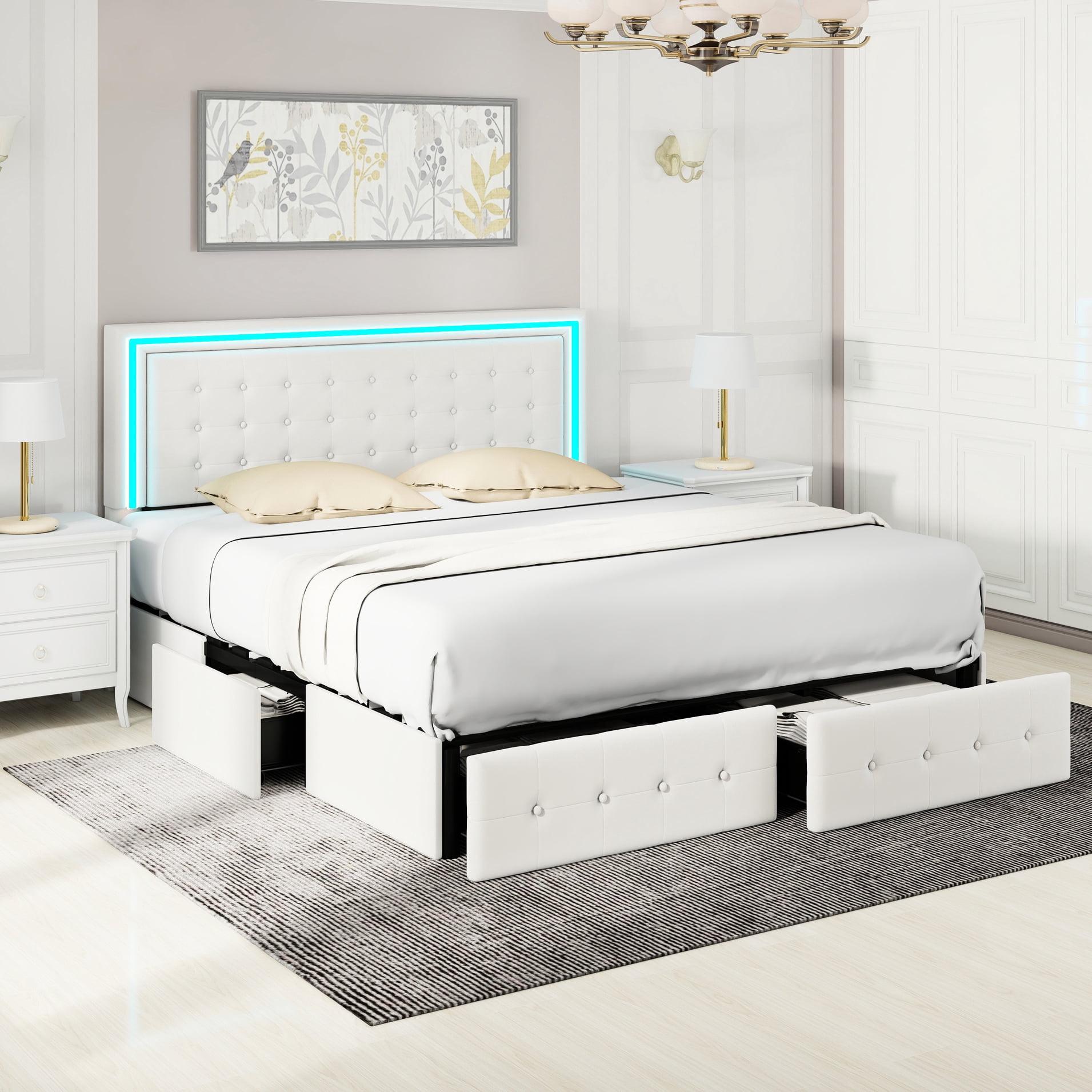 Cream Full Size Led Bed, 4 Drawers, Led Lights On Headboard ...