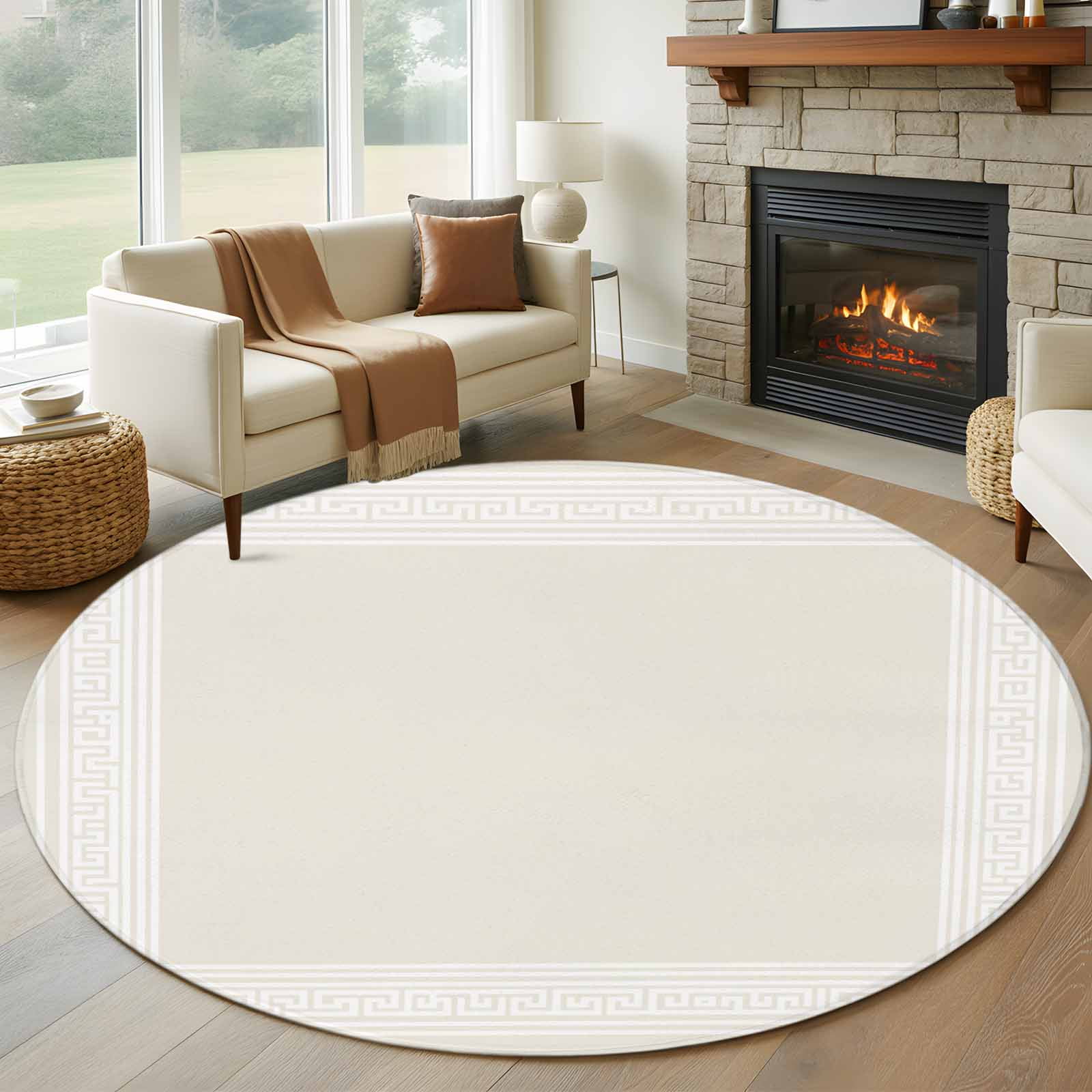 Cream Geometric Round Rugs 8ft, White Greek Key Design Abstract Modern ...